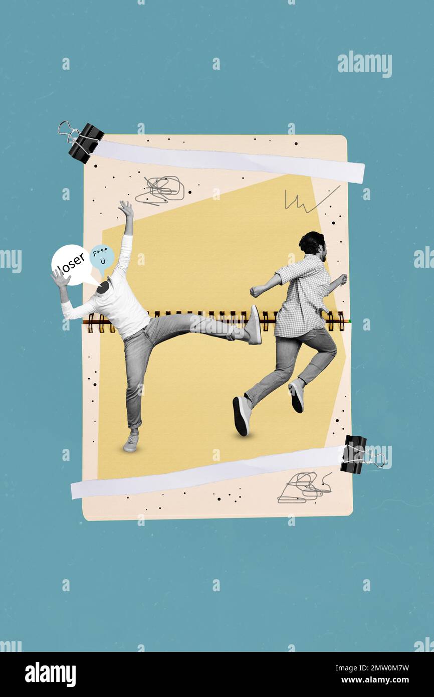 Creative poster collage of two fighting men bully you loser running ...