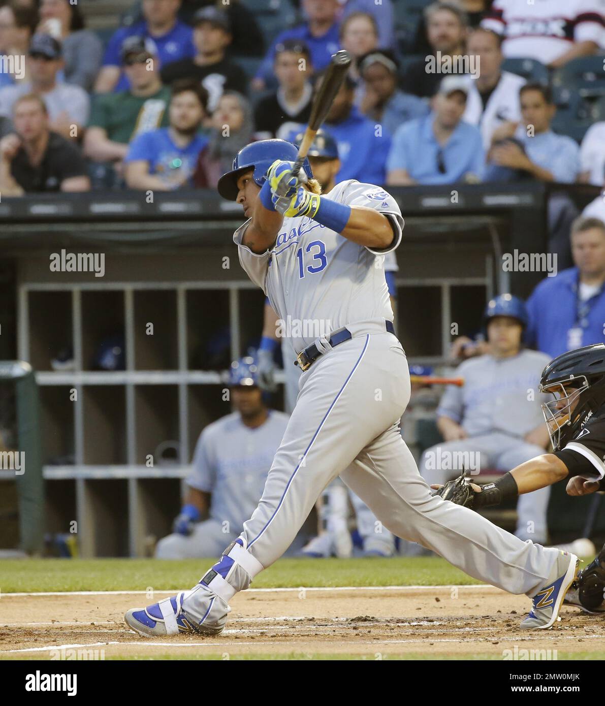 Kansas City Royals' Salvador Perez watches his RBI single off Chicago ...