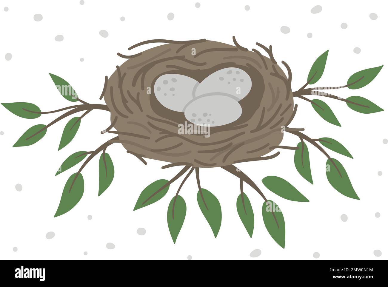Vector hand drawn flat bird’s nest with eggs on the tree branches with ...