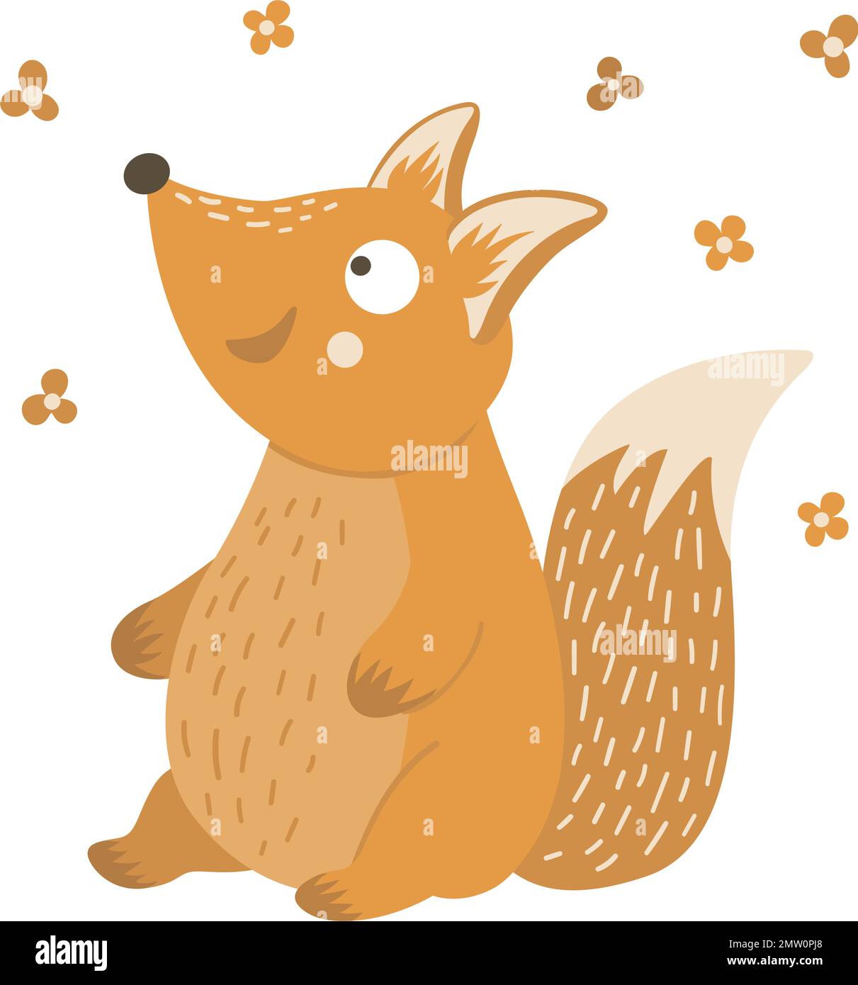 Vector hand drawn flat sitting fox. Funny woodland animal. Cute forest ...