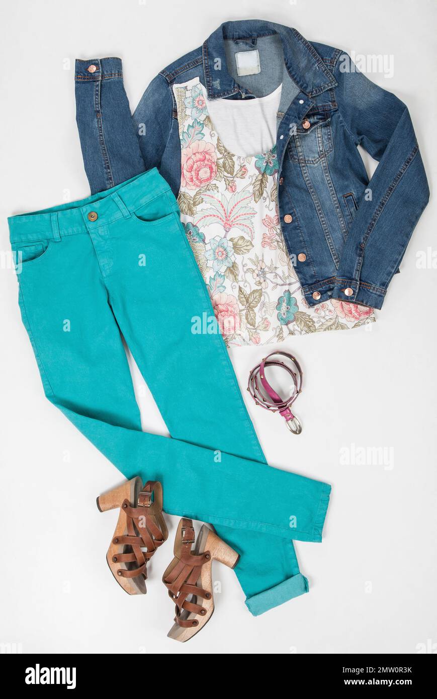 Women Clothing; Set: Pants, Jacket, Blouse, Belt, And Shoes on White ...