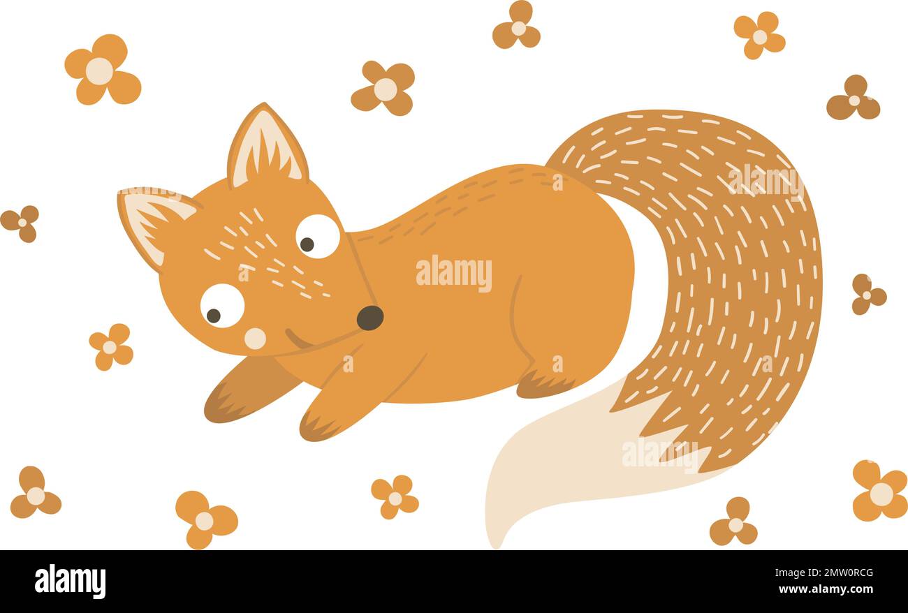 Vector hand drawn flat playing fox. Funny woodland animal. Cute forest ...