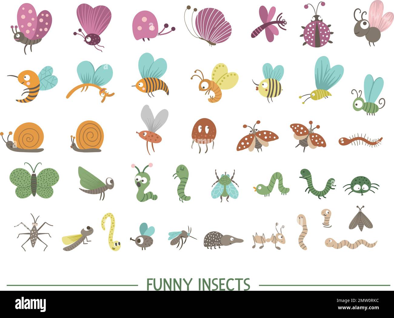 Set of vector hand drawn flat insects. Funny bugs collection. Cute ...