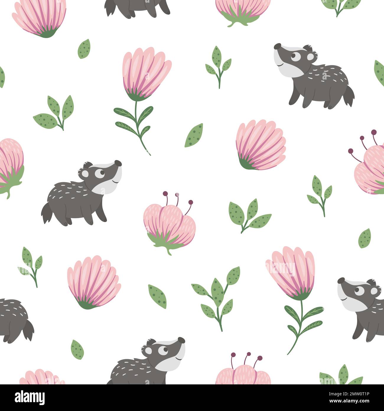 Vector seamless pattern of hand drawn flat funny baby badger with ...
