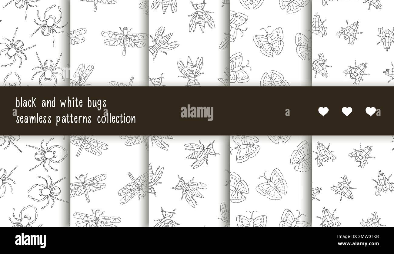 Vector seamless patterns collection of black and white insects. Set of ...