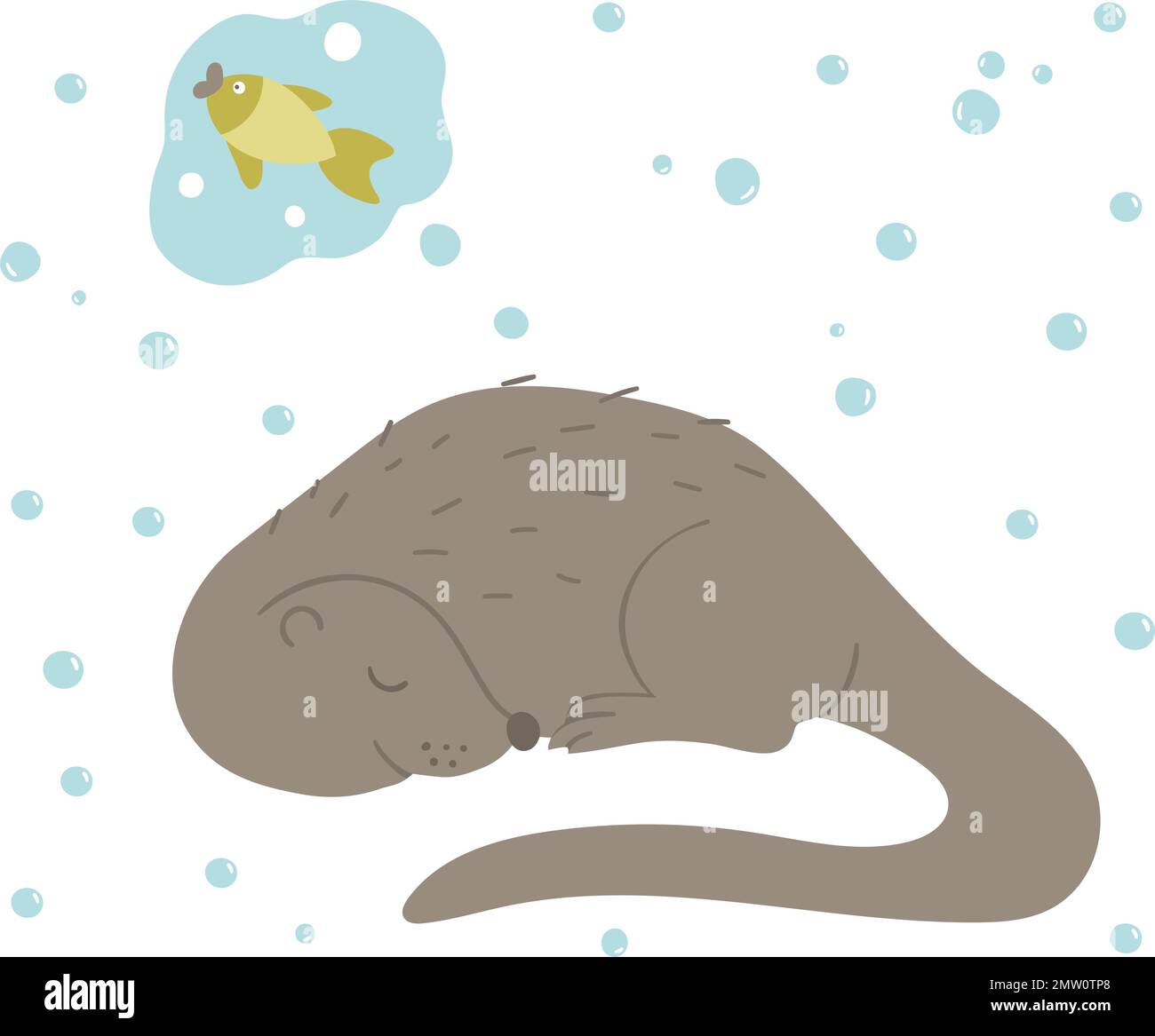 Vector hand drawn flat sleeping otter dreaming of fish. Funny woodland ...