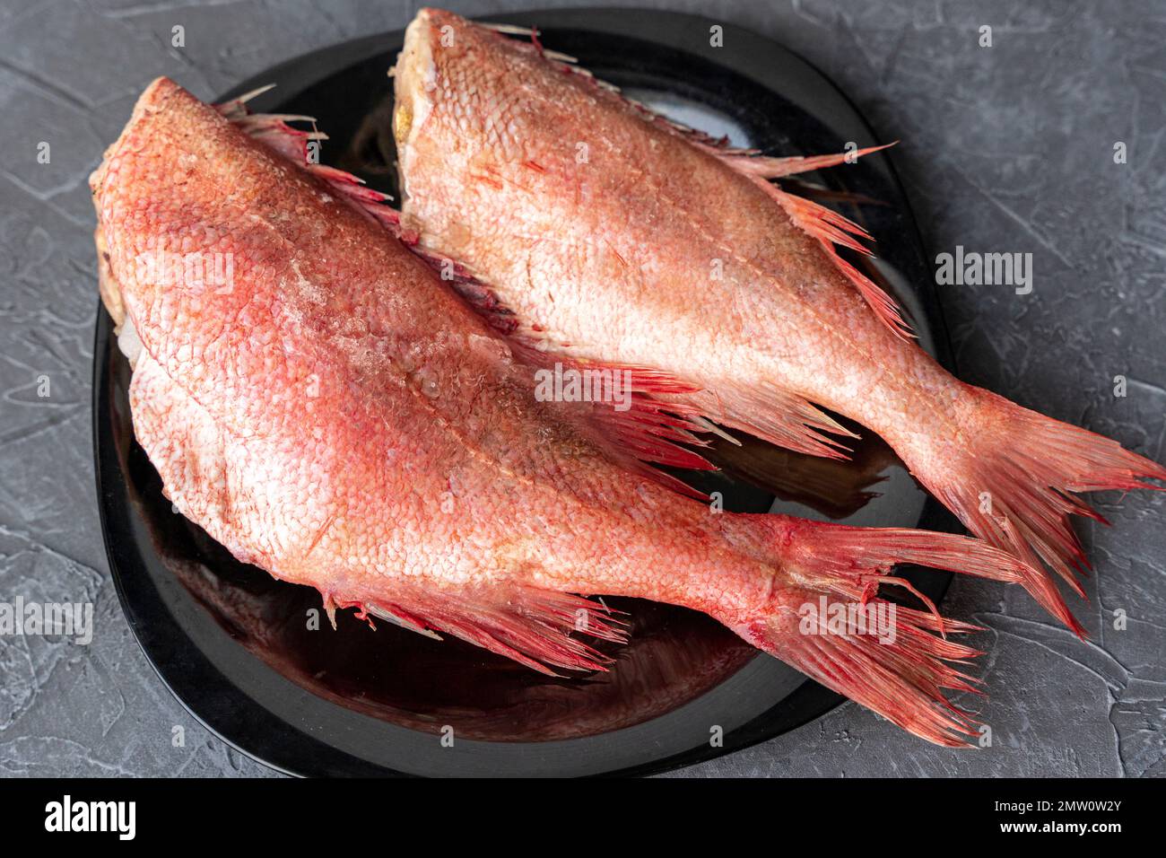Two frozen headless carcasses of red sea bass Stock Photo - Alamy