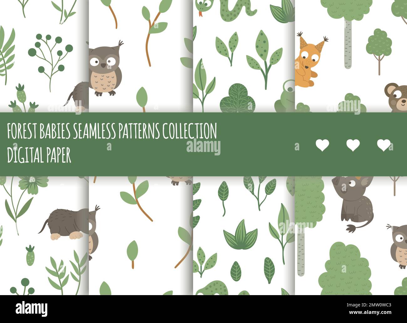 Vector set of seamless patterns with hand drawn flat funny baby animals ...