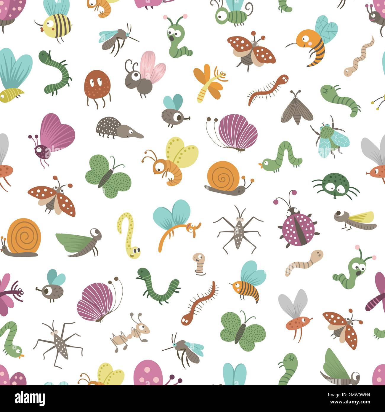 Vector seamless pattern with hand drawn flat funny insects. Cute repeat ...