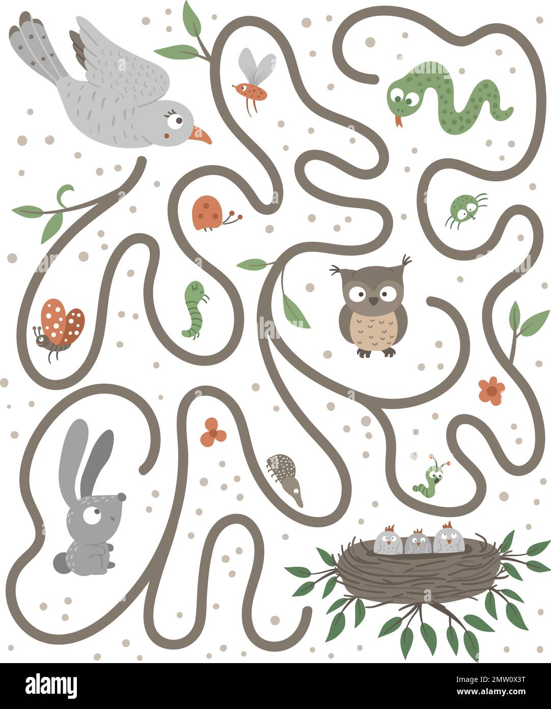Maze for children. Preschool activity with bird flying to its children ...