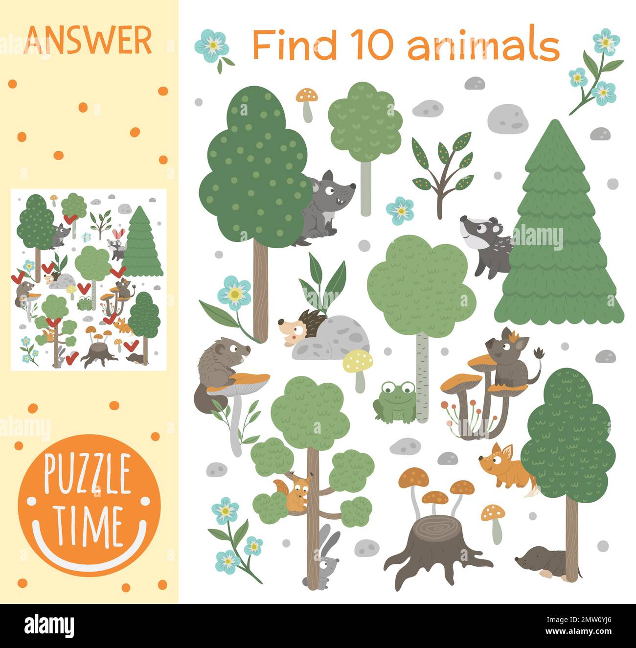 Searching game for children with animals and trees in the forest ...