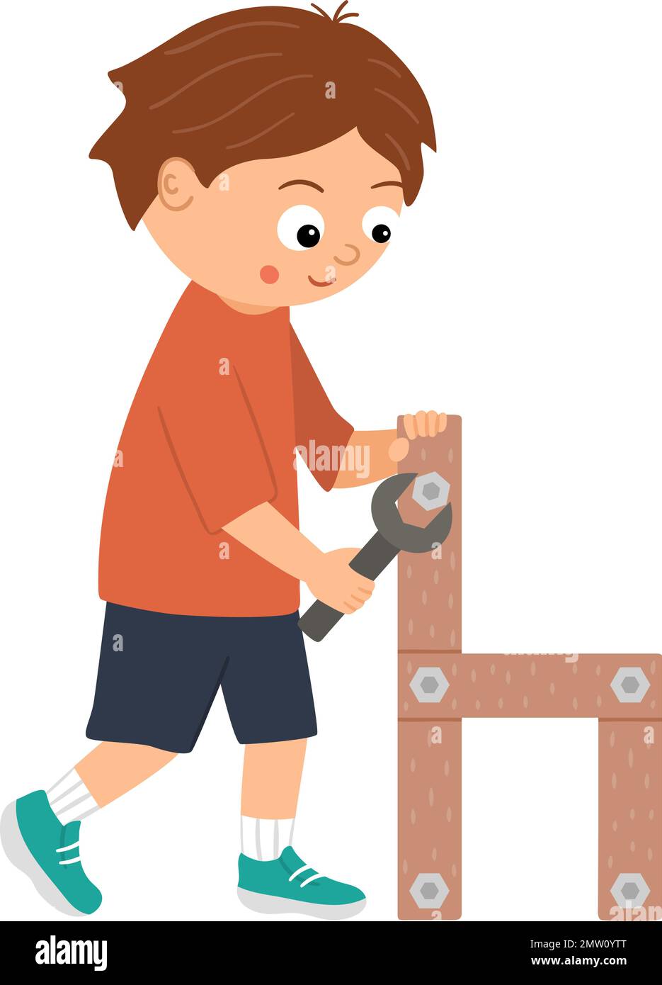 Vector working boy. Flat funny kid character screwing a screw in a wood ...