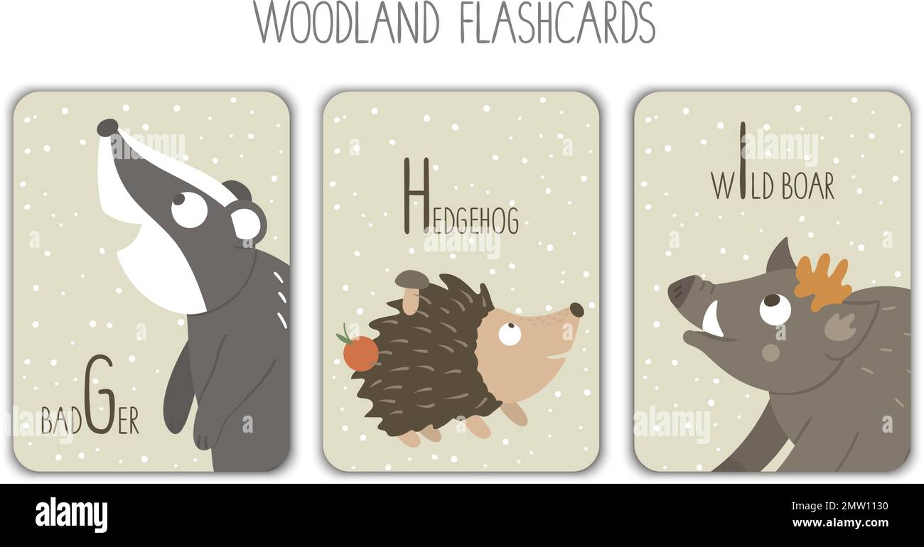 Colorful alphabet letters G, H, I. Phonics flashcard. Cute woodland ...