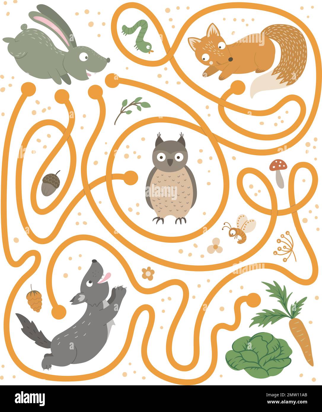 Maze for children. Preschool activity with rabbit running for carrot ...