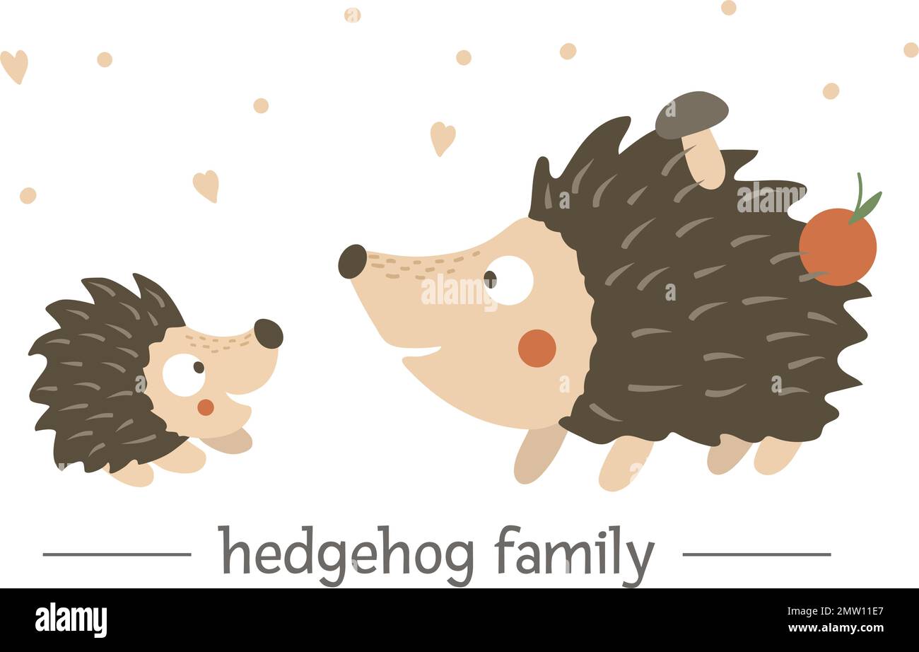 Vector hand drawn flat baby hedgehog with parent. Funny woodland animal scene showing family ...