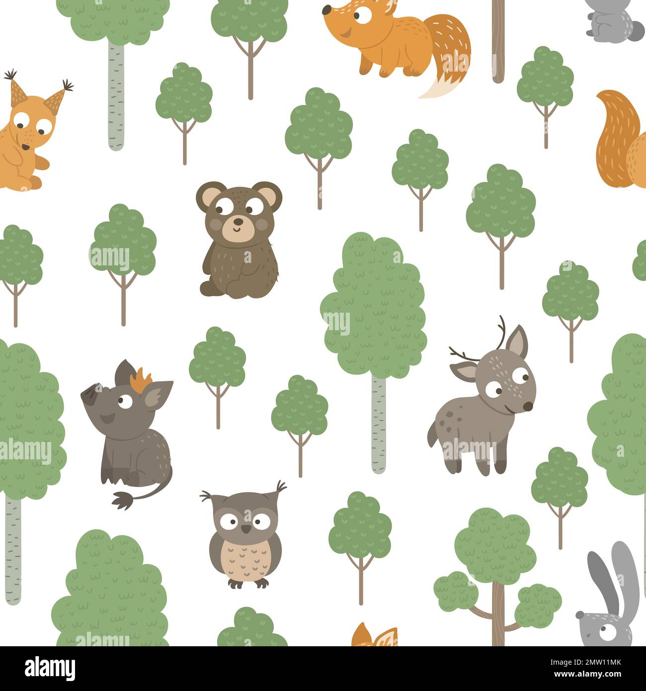 Vector seamless pattern of hand drawn flat funny baby animals with ...
