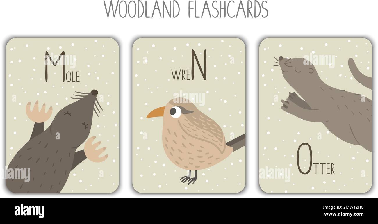 Colorful alphabet letters M, N, O. Phonics flashcard. Cute woodland ...
