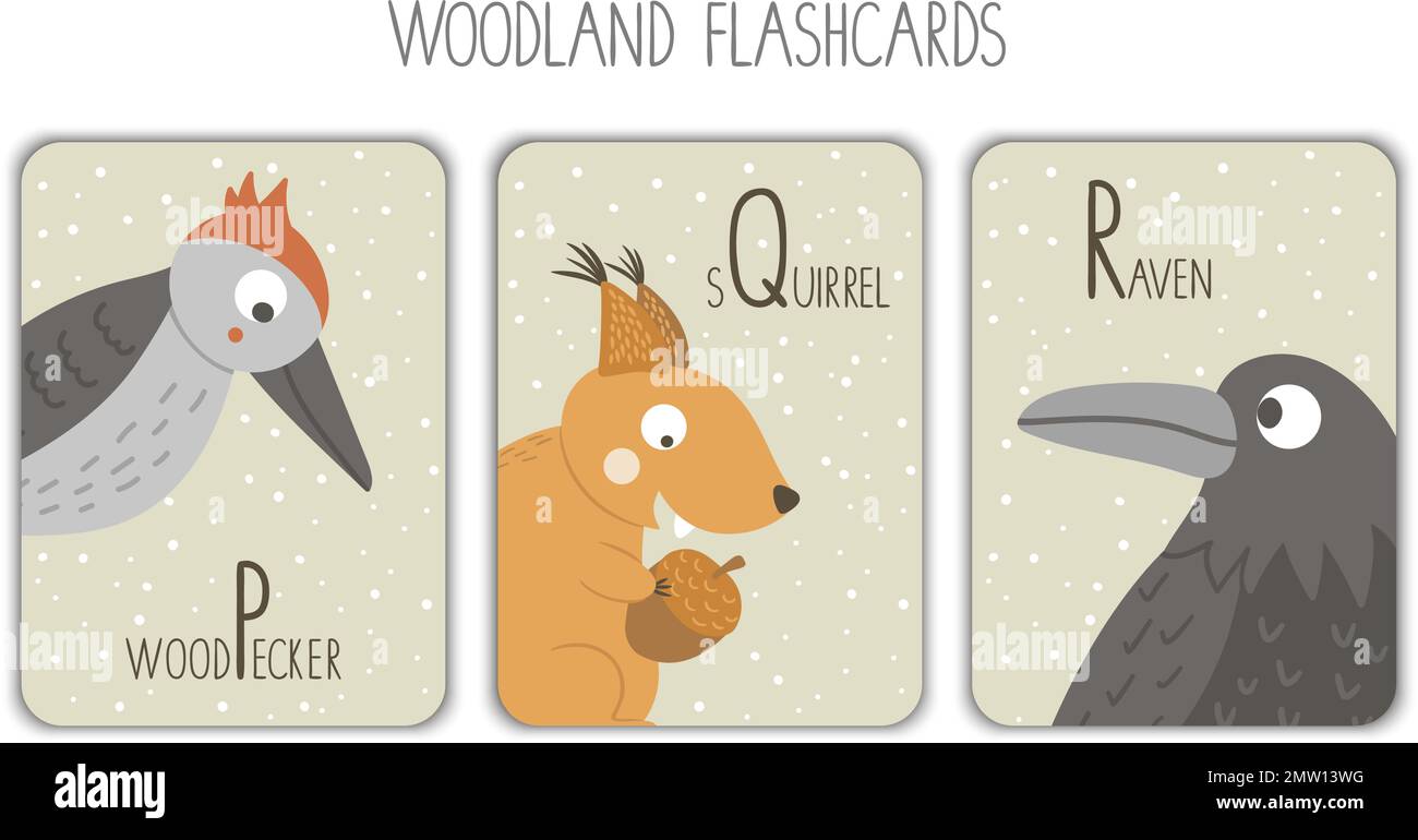 Colorful alphabet letters P, Q, R. Phonics flashcard. Cute woodland ...
