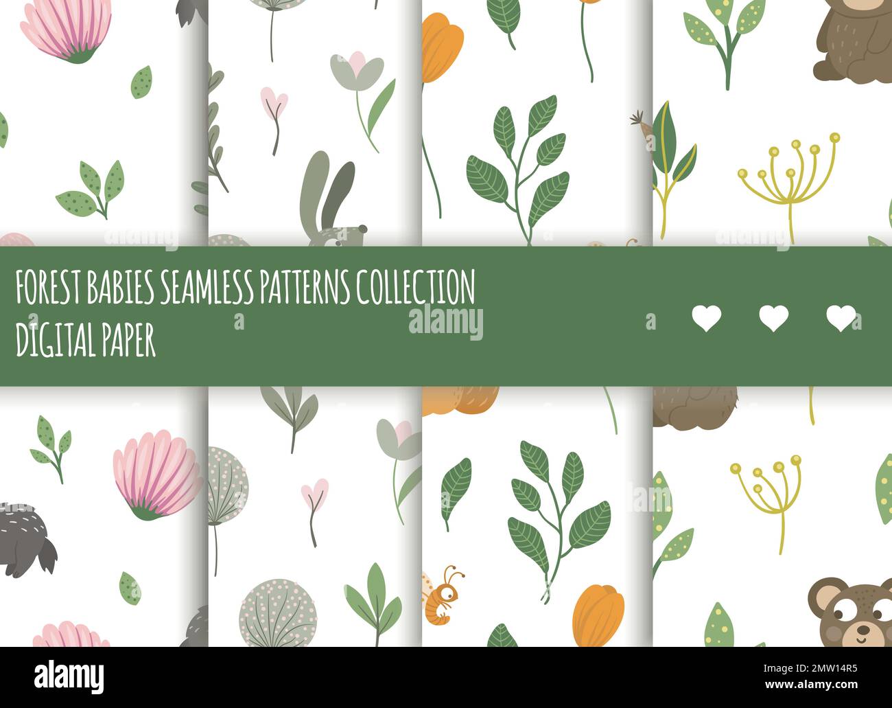 Vector set of seamless patterns with hand drawn flat funny baby animals ...