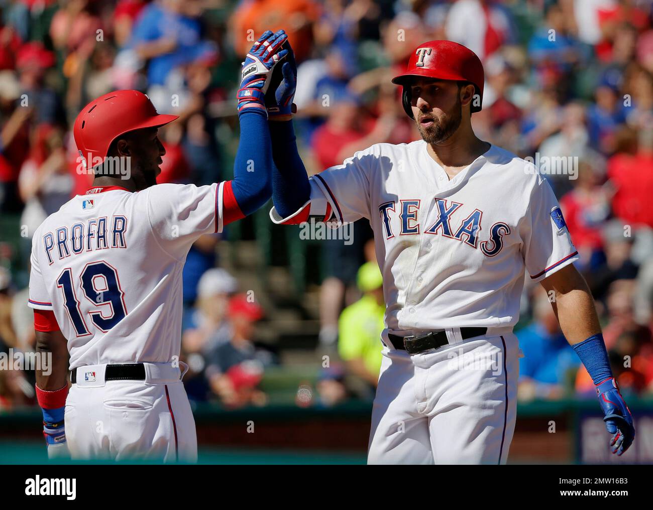 Texas Rangers' Jurickson Profar and Joey Gallo, right, celebrate Gallo ...