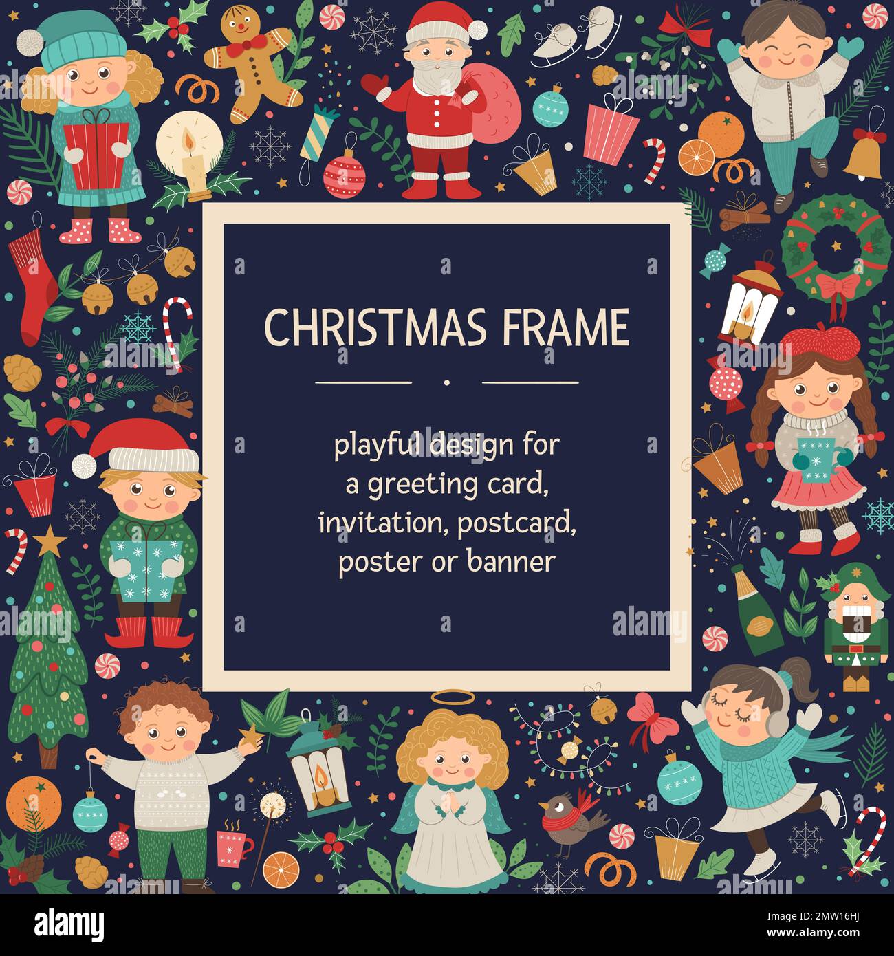 Vector Christmas square layout frame with children, Santa Claus, Angel ...