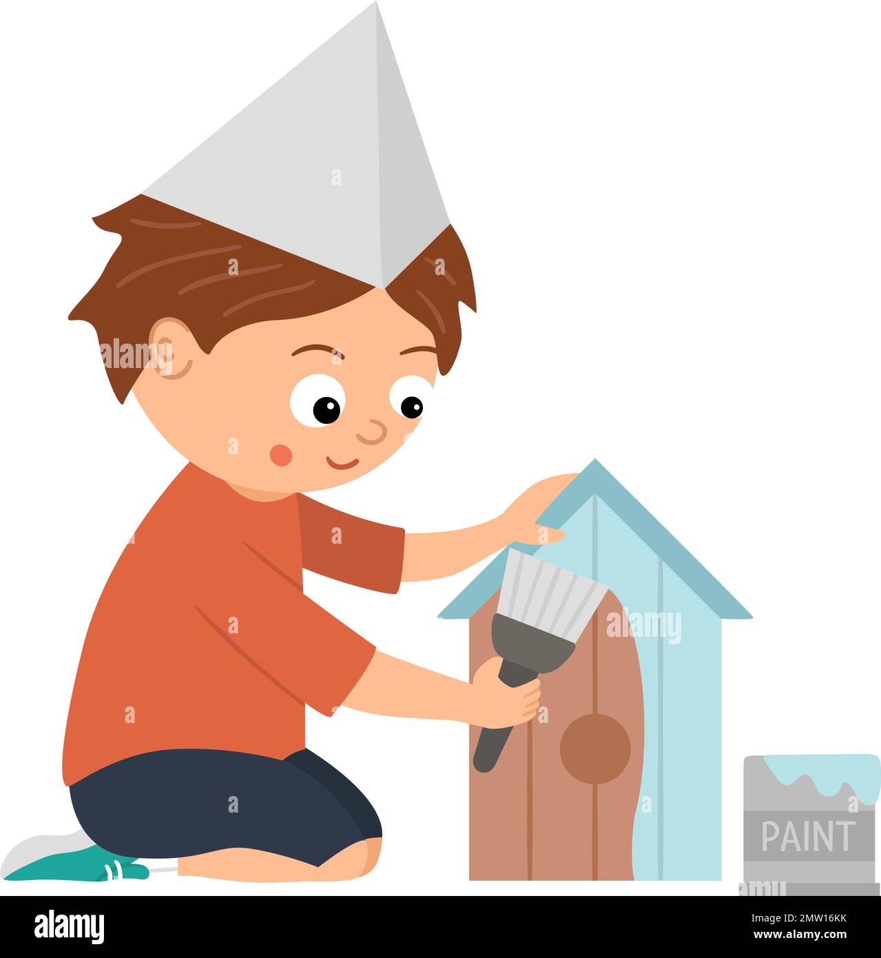 Vector working boy. Flat funny sitting kid character painting a ...