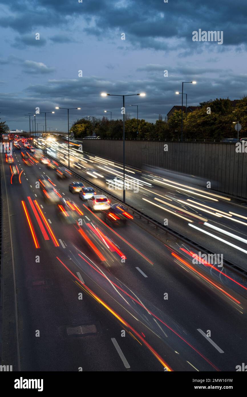Light trails from fast moving traffic on the A40 at Perivale in London ...