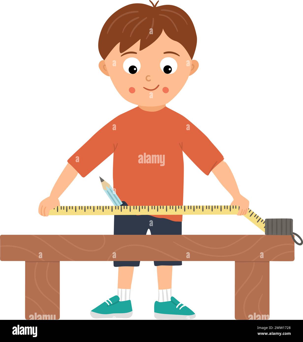 Vector working boy. Flat funny kid character doing measurements with ...