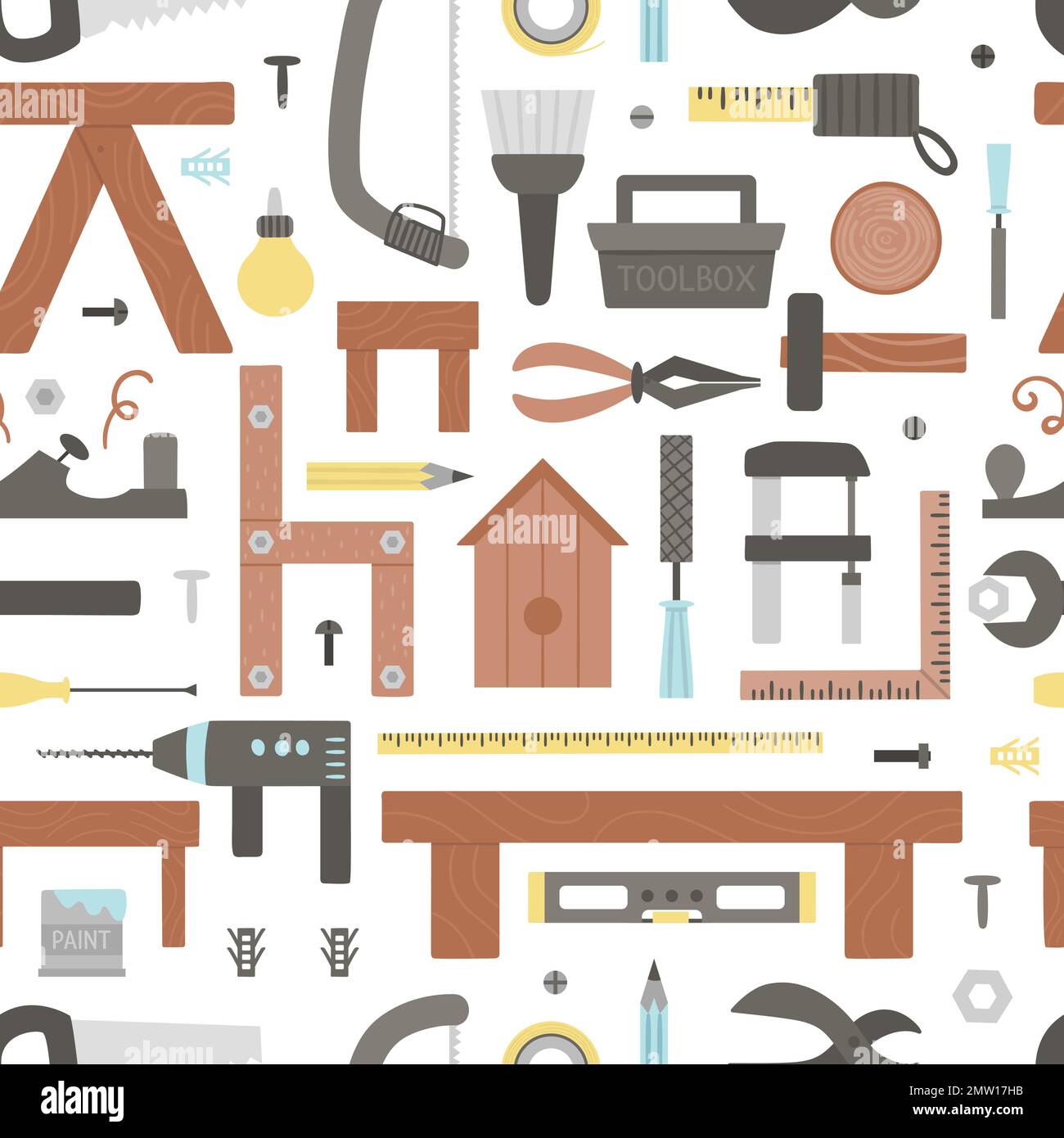 Vector tools seamless pattern. Flat colored illustration with building ...