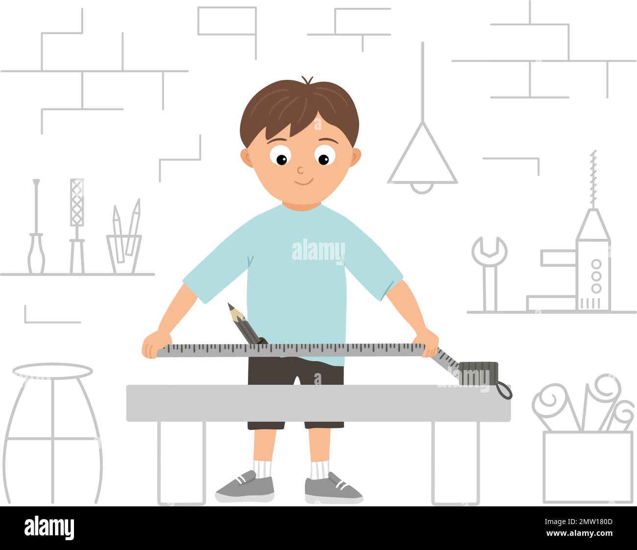 Vector working boy. Flat funny kid character doing measurements with ...
