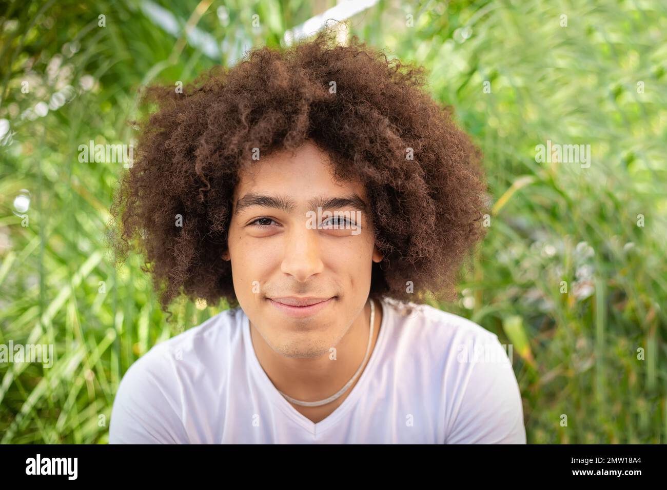 Portrait of a smiling young mixed race Afro-Italian man outdoors ...