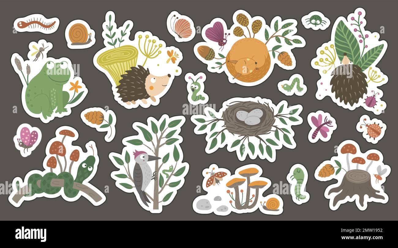 Cute forest themed stickers for children on dark background. Bright ...