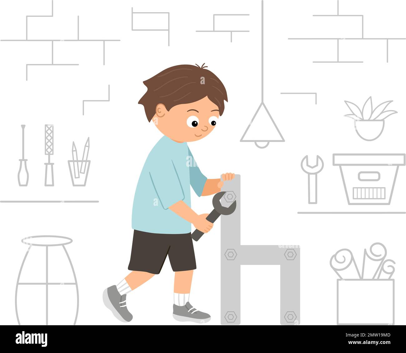 Vector working boy. Flat funny kid character screwing a screw in a wood ...
