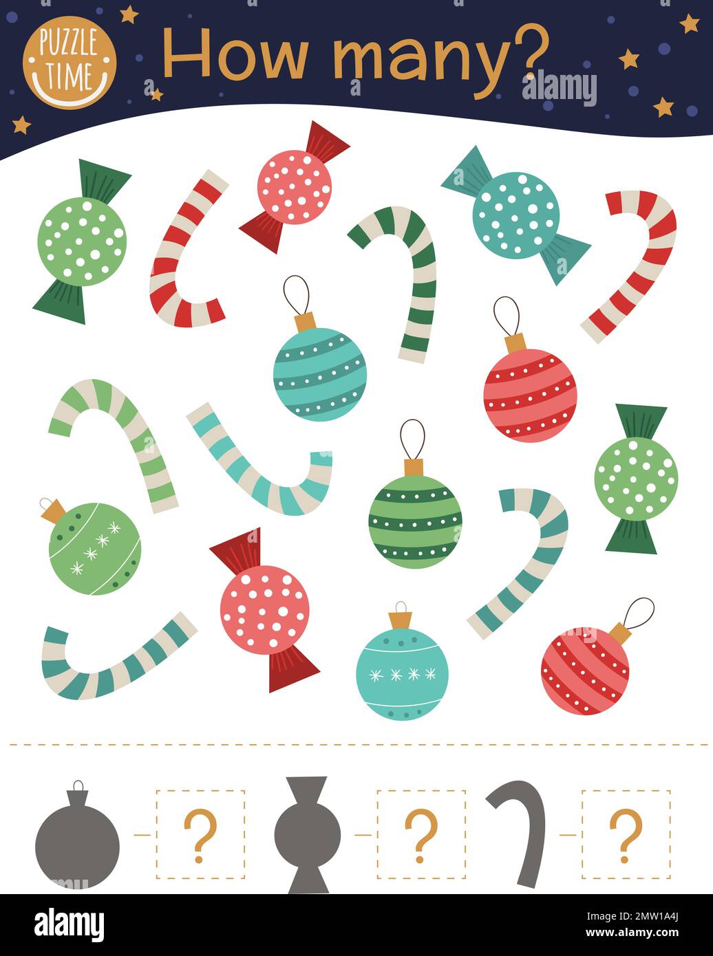 Christmas counting game with balls, candy canes, sweets. Winter math activity for preschool ...