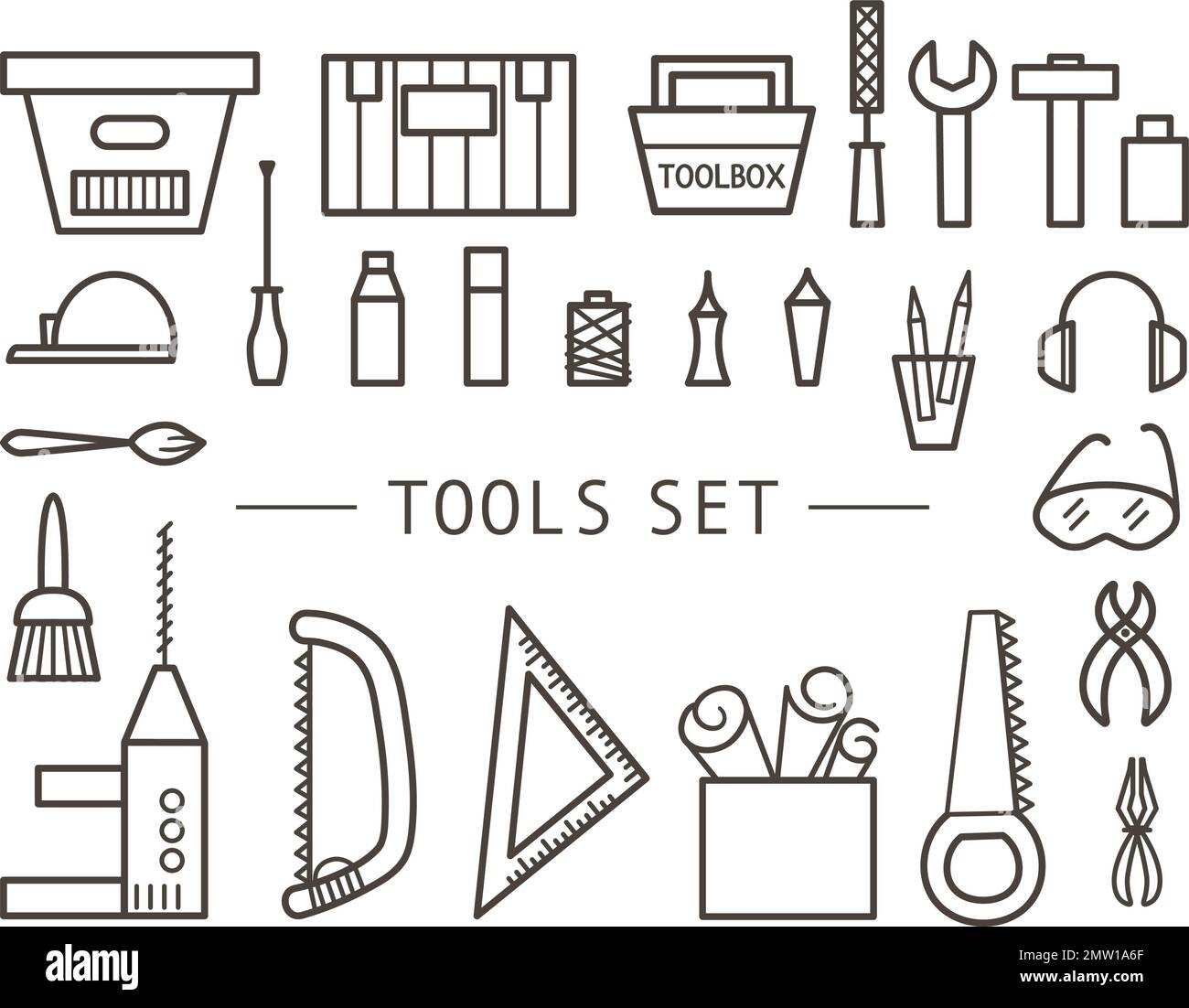 Vector tools icons set. Flat linear black and white illustration with ...