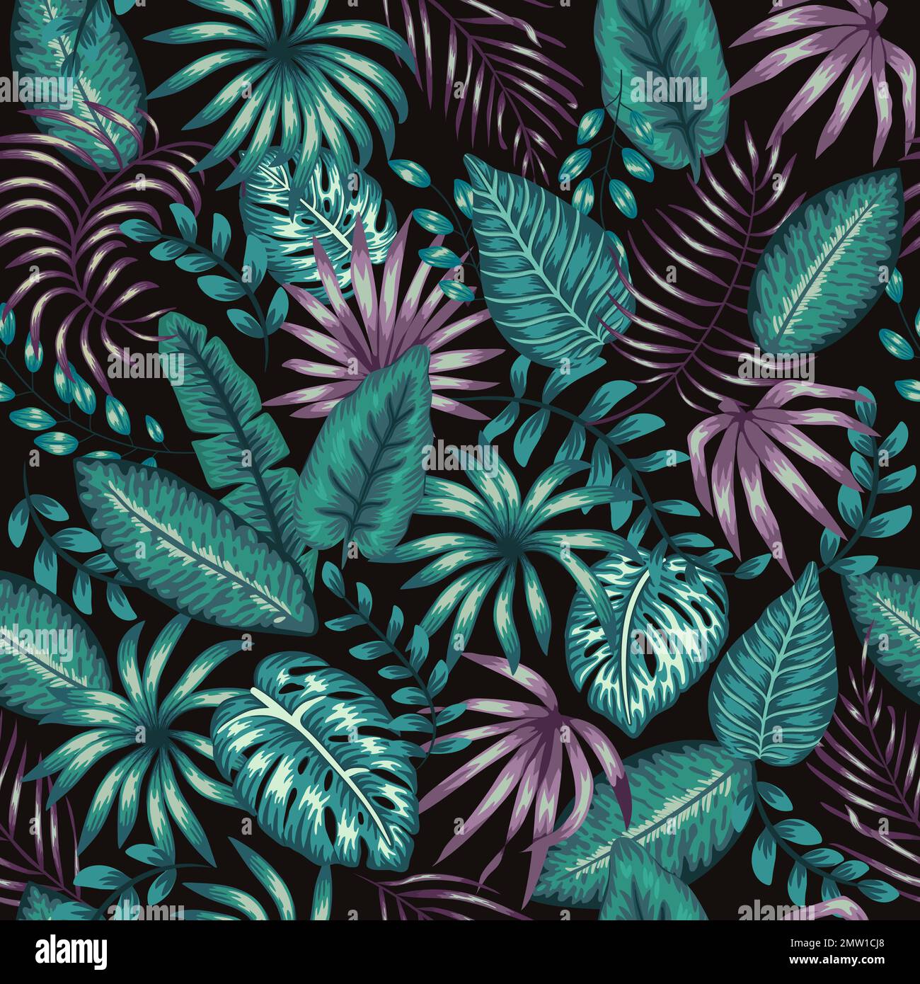 Vector seamless pattern of tropic green and purple foliage on black ...