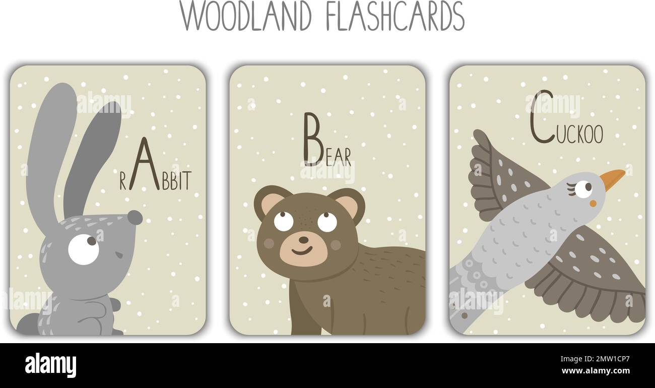 Colorful alphabet letters A, B, C. Phonics flashcard. Cute woodland ...
