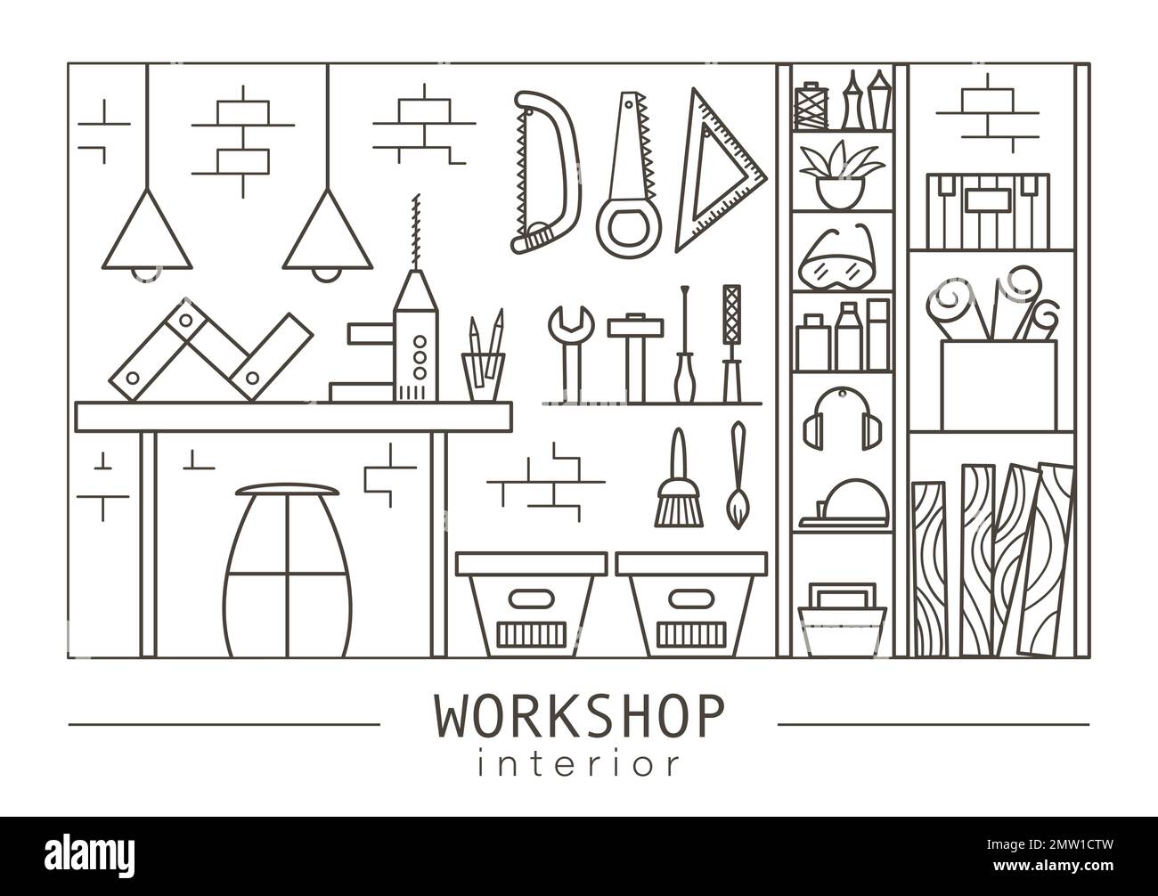 Vector linear art workshop interior. Black and white line drawing of ...