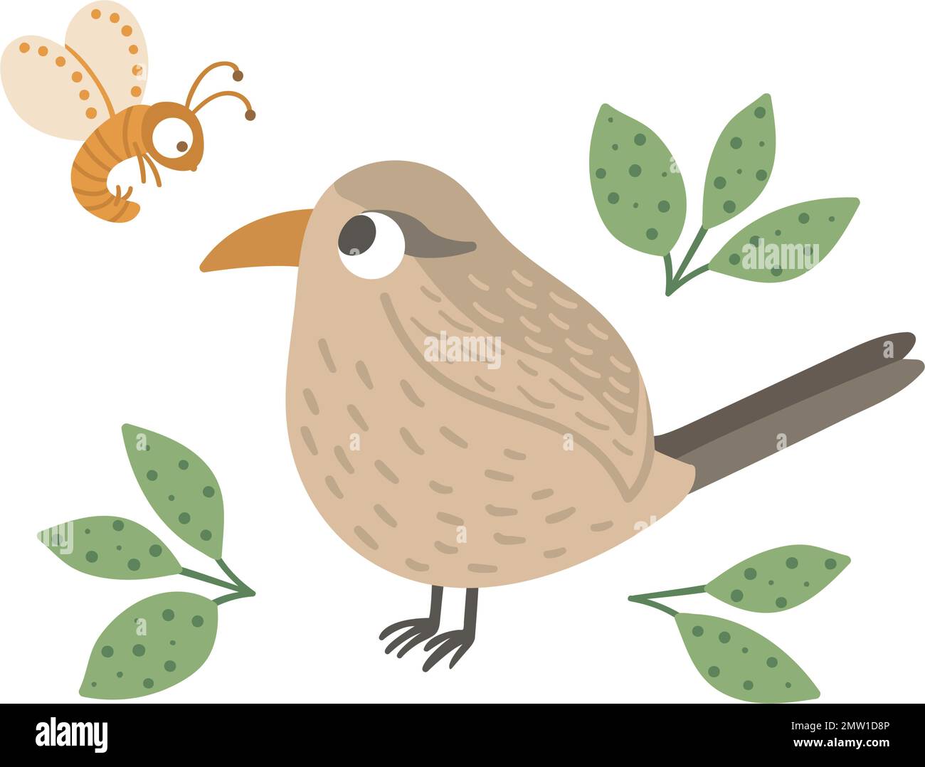 Vector hand drawn flat wren with leaves and insect. Funny woodland bird ...