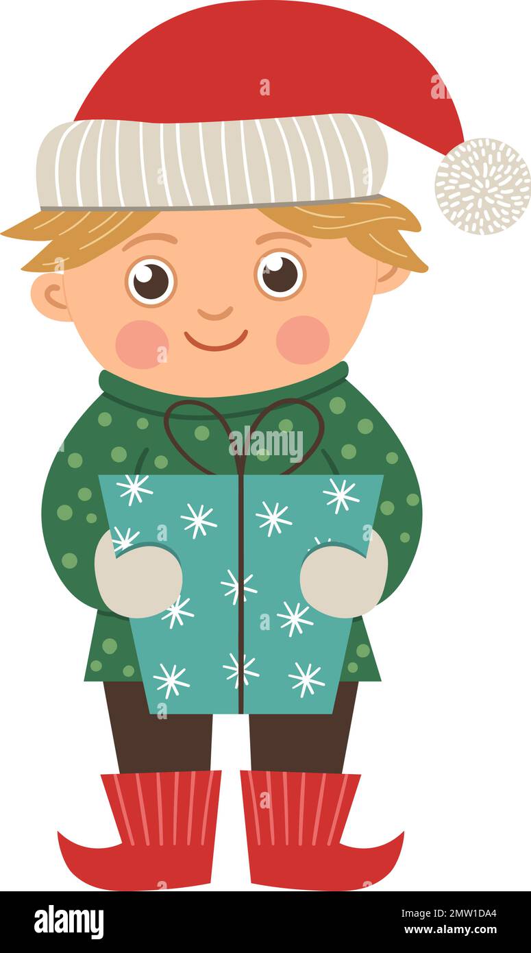 Vector happy boy with golden hair holding a present. Cute winter elf ...