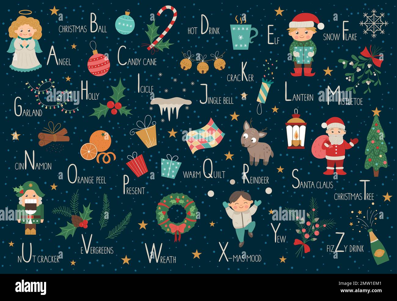 Vector Christmas alphabet for children. Cute flat ABC with new year ...