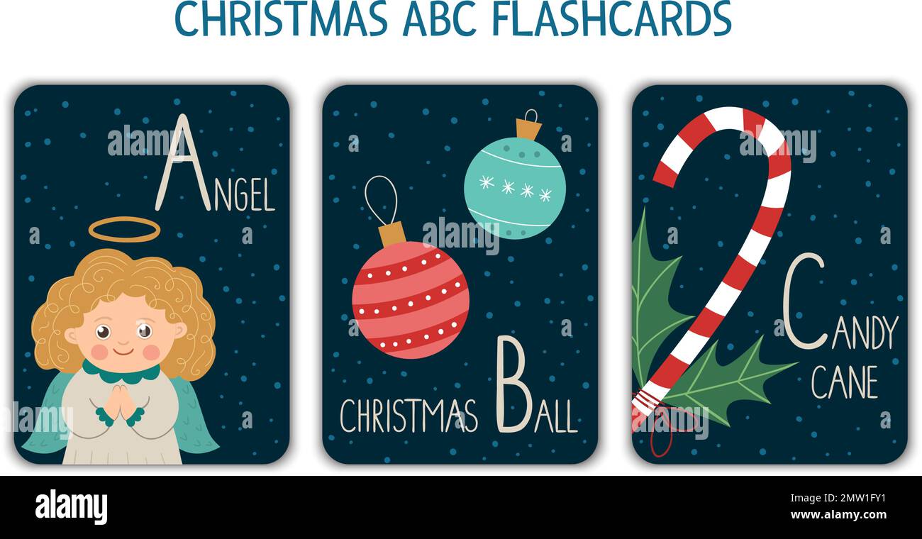 Colorful alphabet letters A, B, C. Phonics flashcard. Cute Christmas ...