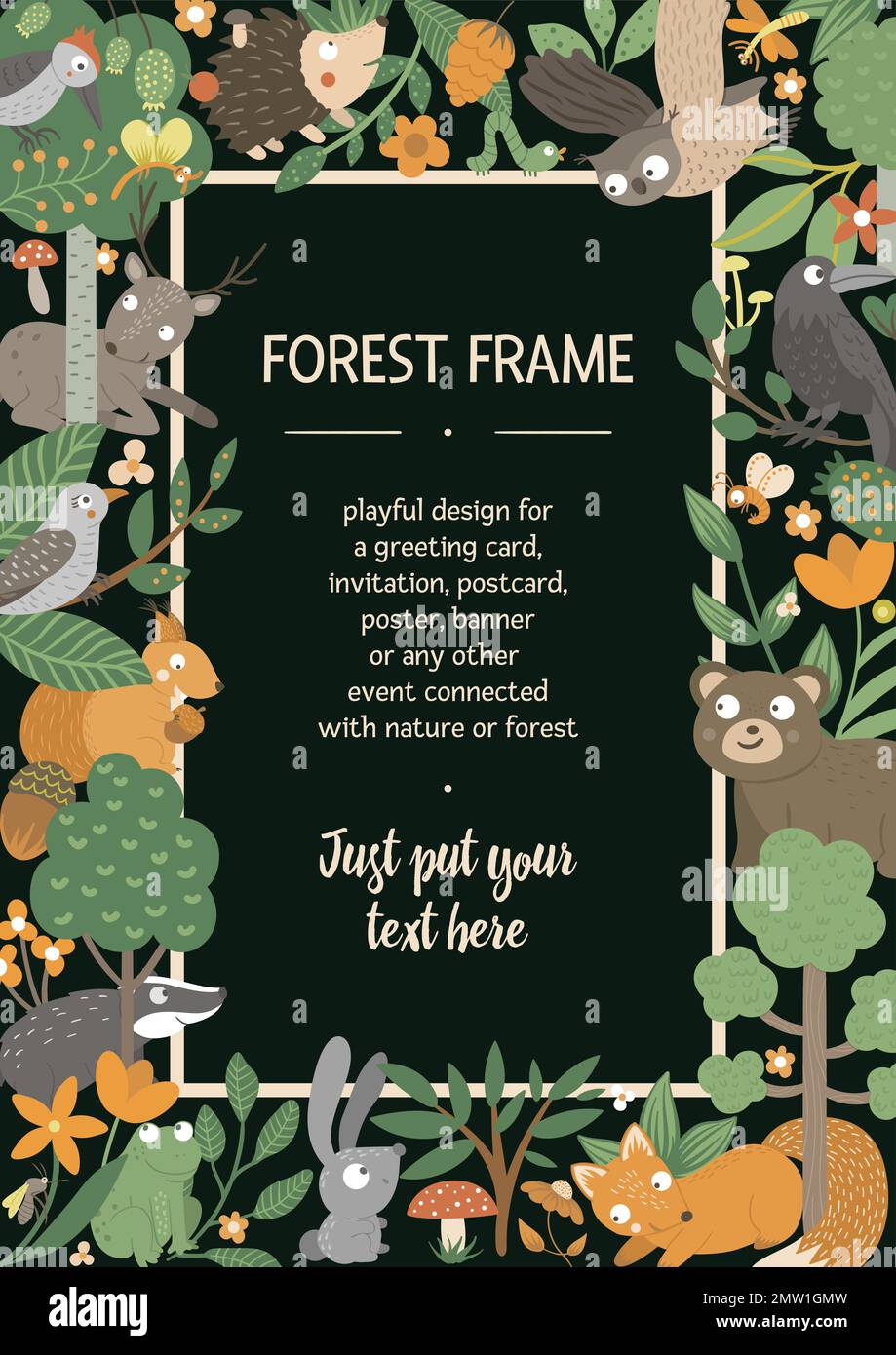 Vector vertical layout frame with animals and forest elements on black ...