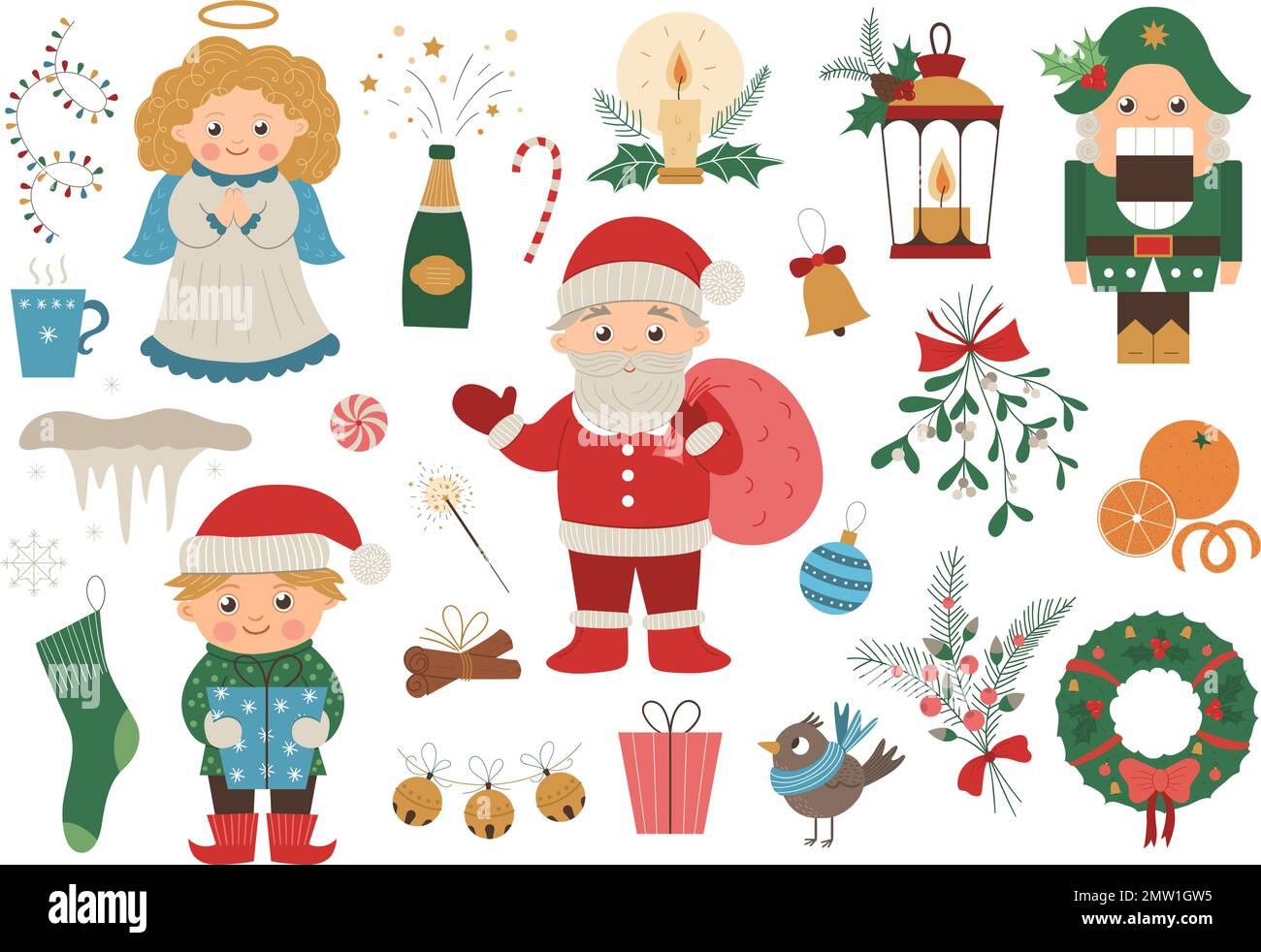 Vector set of Christmas elements with Santa Claus in red hat with sack ...