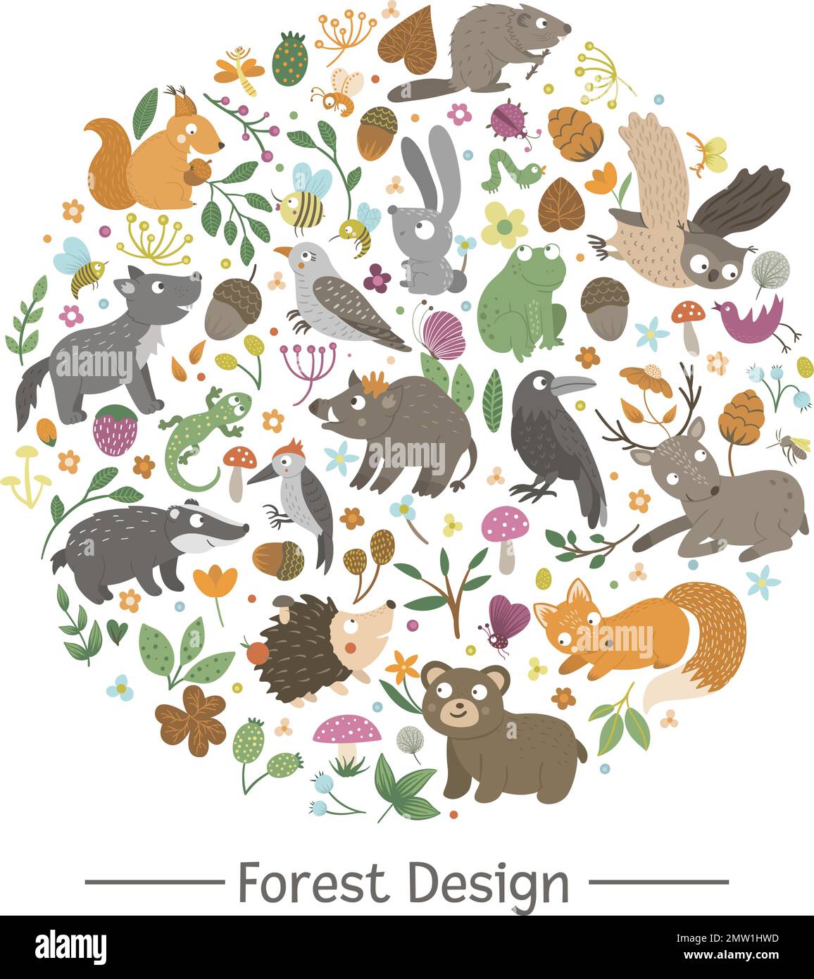Vector round frame with animals and forest elements on black background ...