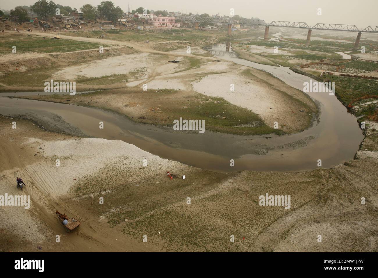 The dried Ganga river basin at Sangam, winds through the confluence of ...
