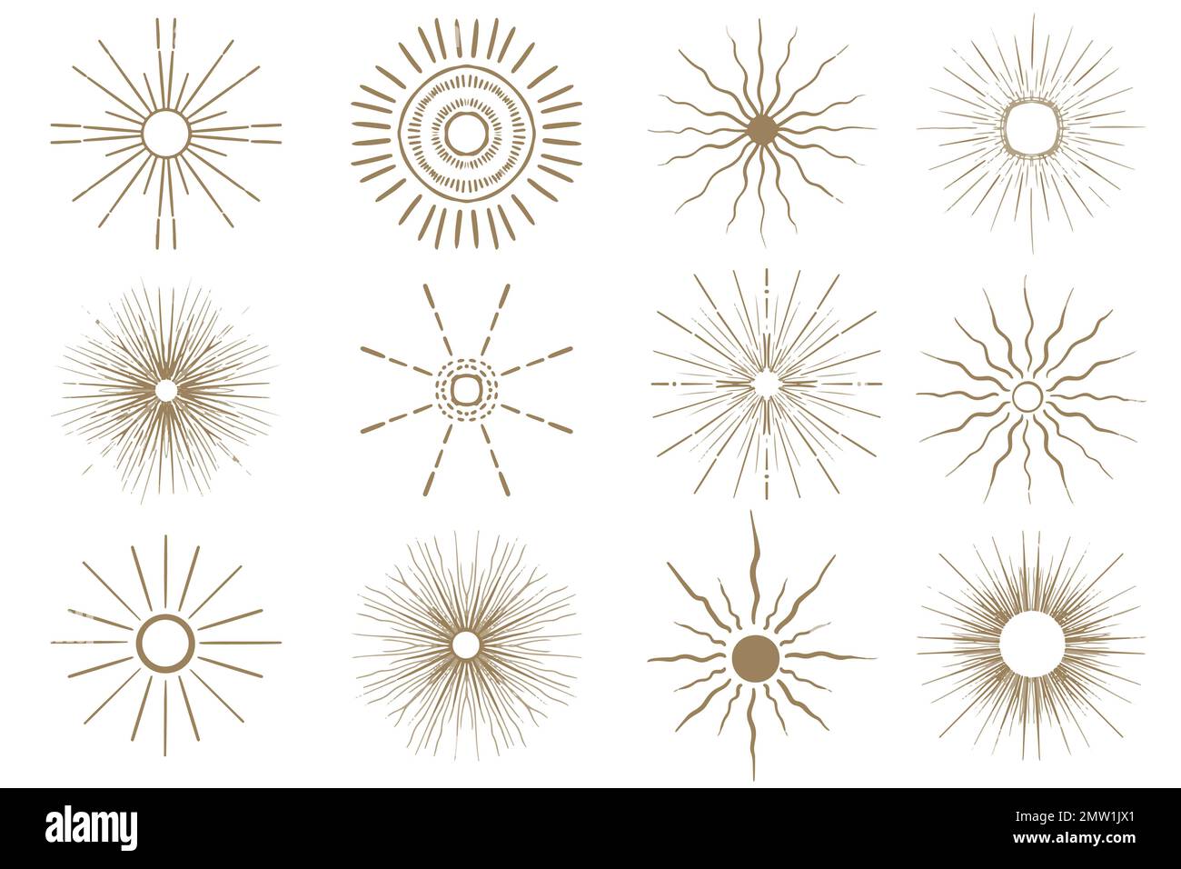 Abstract collection golden sun hand drawn in boho style. Celestial body ...