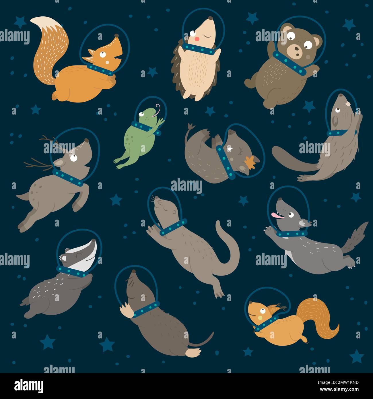 Vector set of cute animals in outer space. Funny flat cosmic forest ...