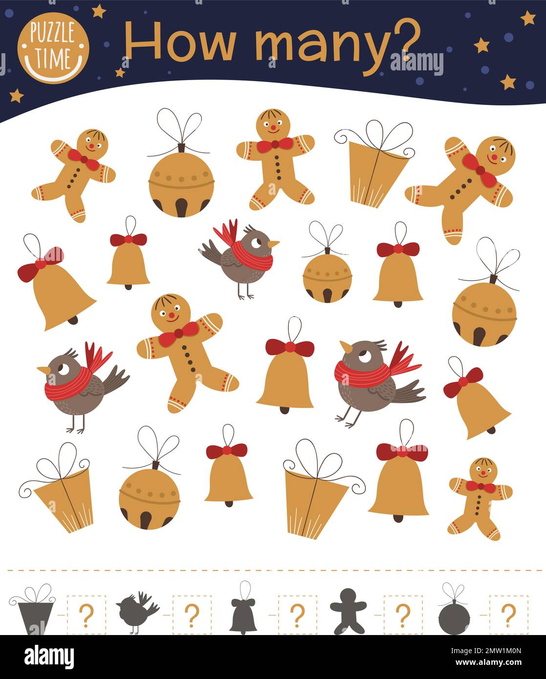 Christmas counting game with gingerbread man, bell, present, bird ...