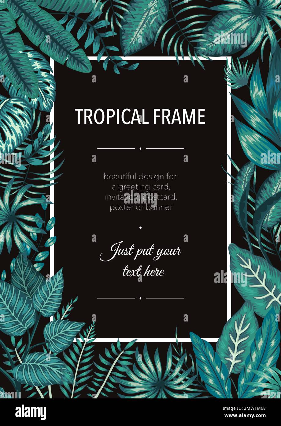 Vector frame template with tropical emerald green leaves on black ...